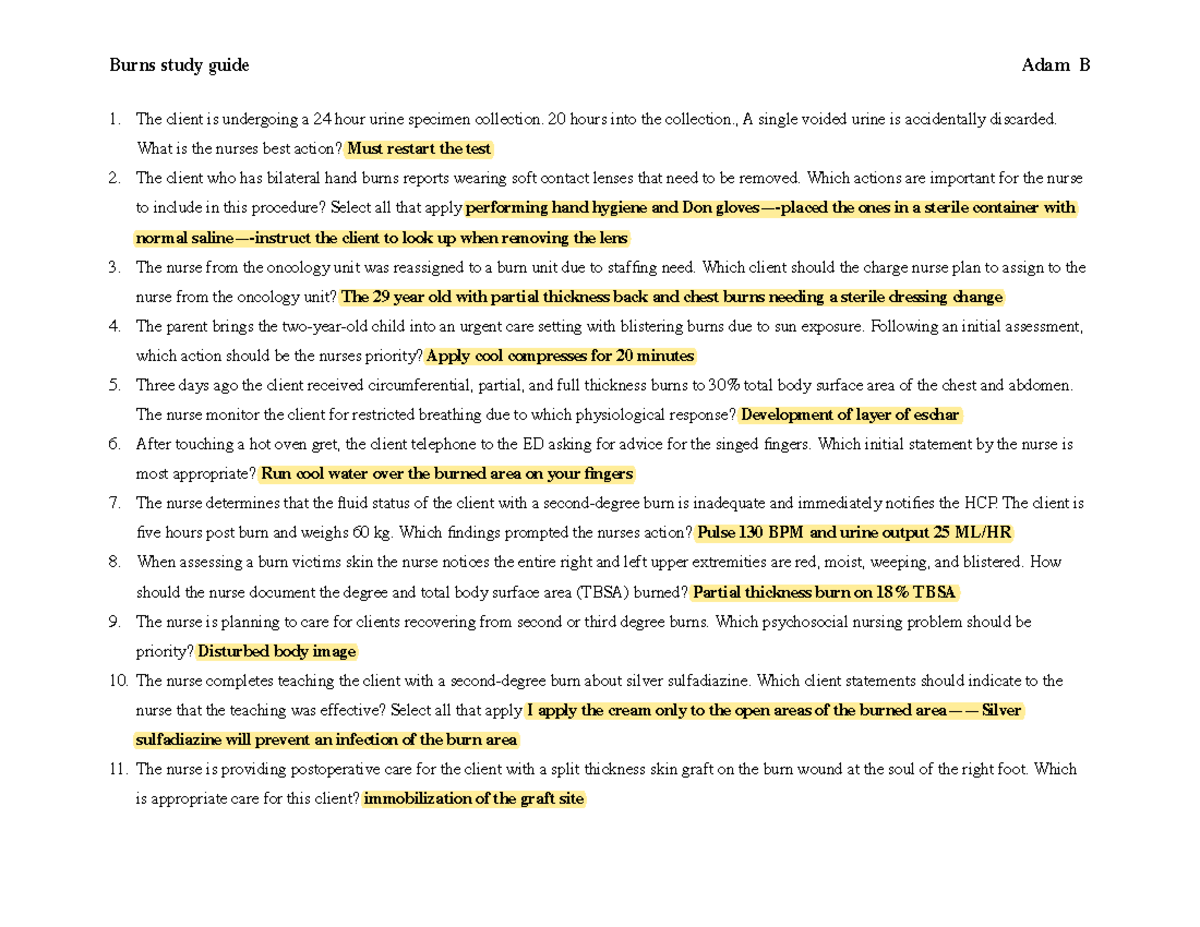 Med Surg Quiz V: Burns Study Guide and Key Nursing Interventions - Studocu