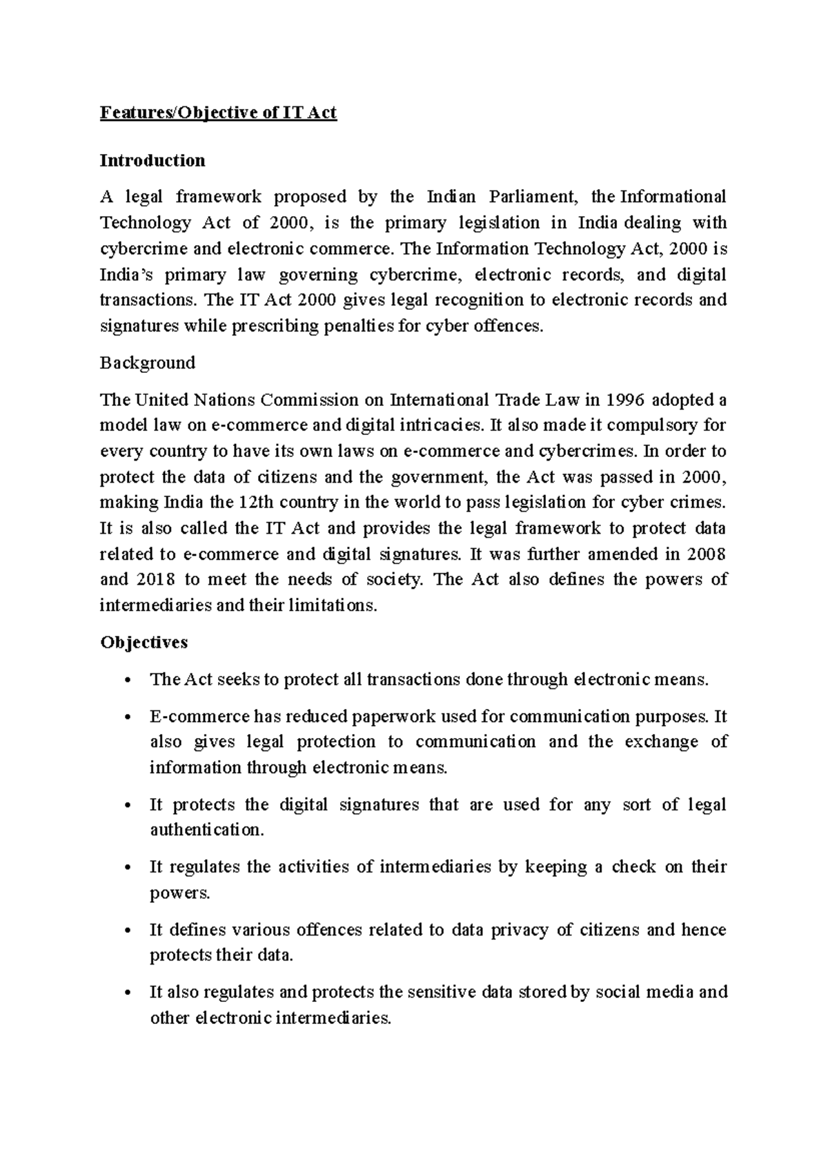 Features and Objectives of IT Act: A Legal Framework Overview - Studocu