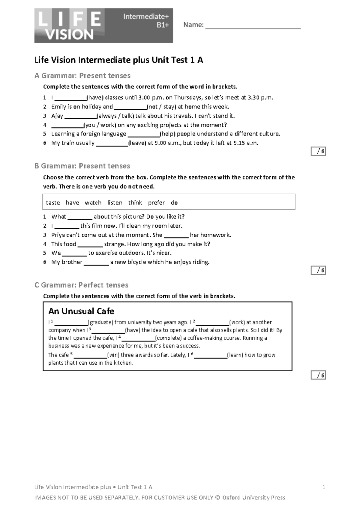 Life Vision Intermediate Plus Unit Test 1A - Grammar and Vocabulary ...