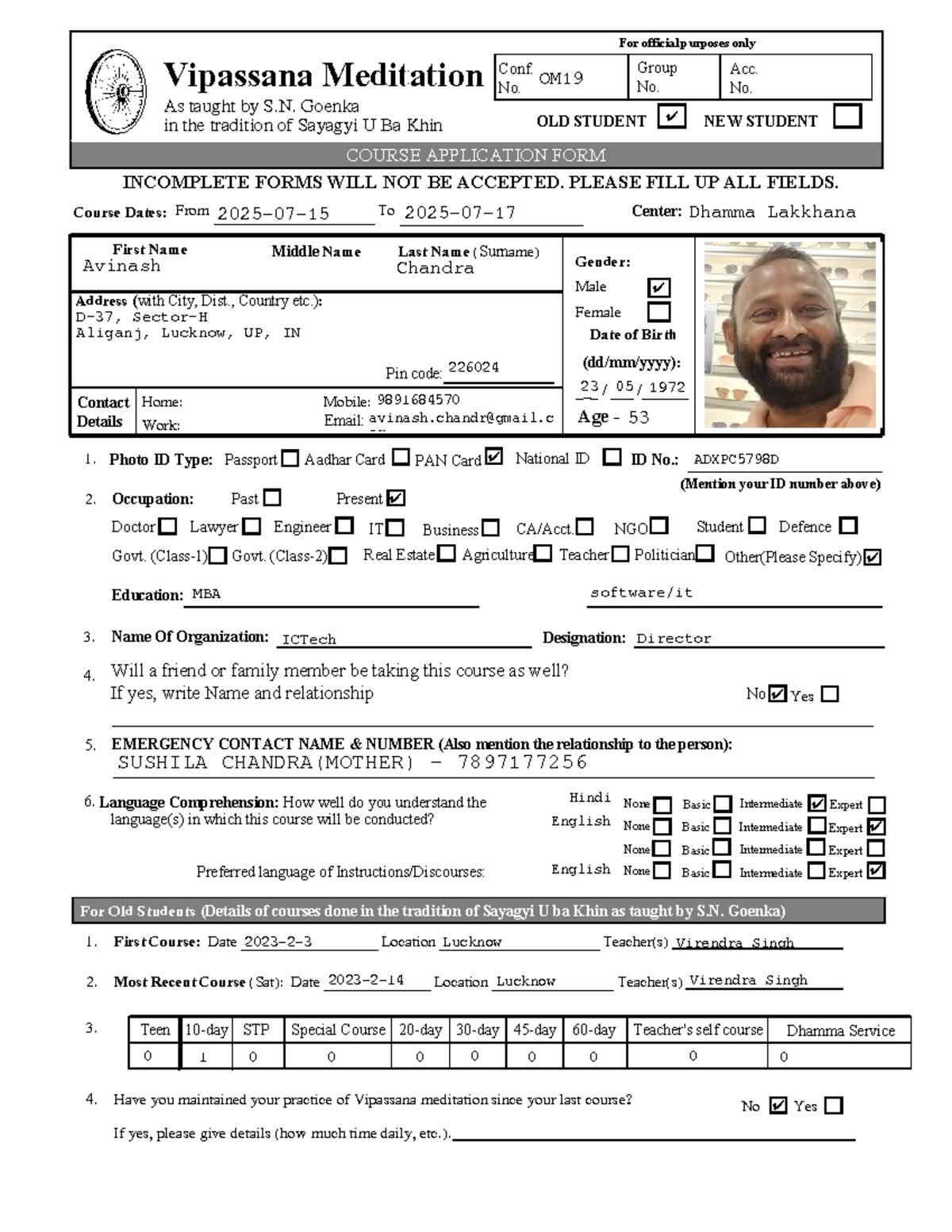 Vipassana Meditation Course Application Form - OM19 - Studocu