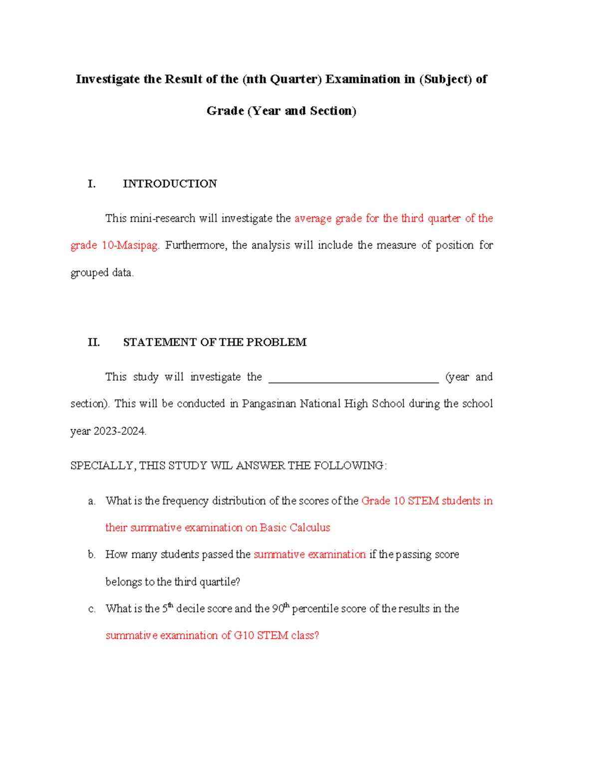 MINI-Research on G10 STEM Q3 Exam Results at PNHS - Studocu