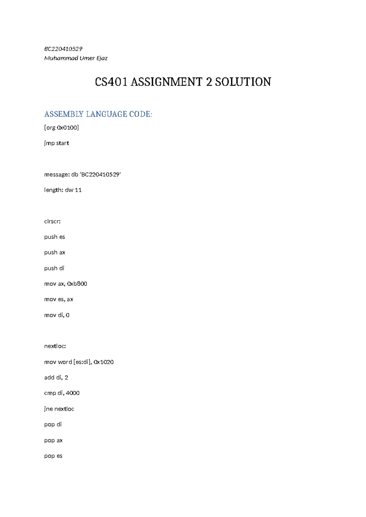 CS401 Assignment 2: Assembly Language Code Solution - Studocu