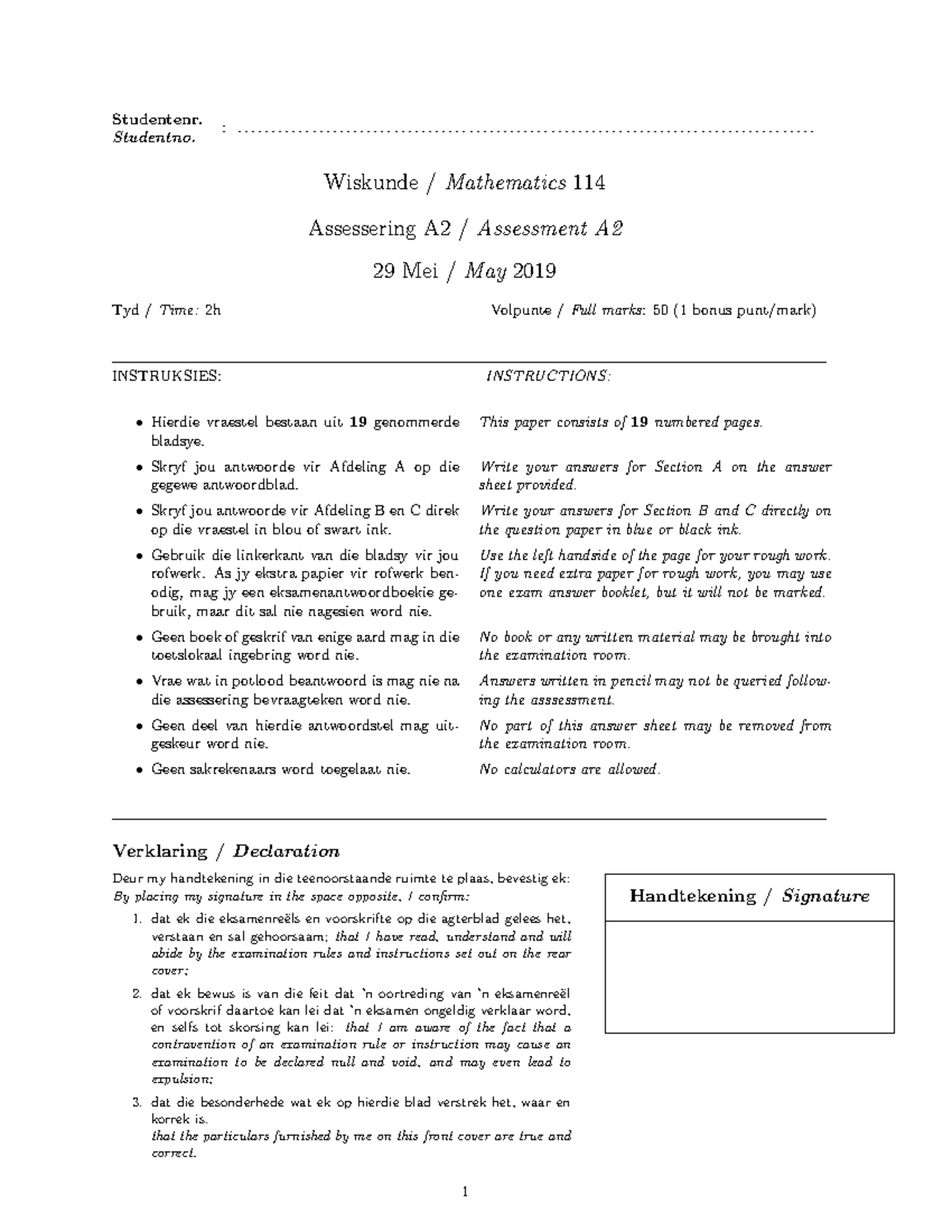 A2 2019 - Wiskunde / Mathematics Assessment Paper - Studocu