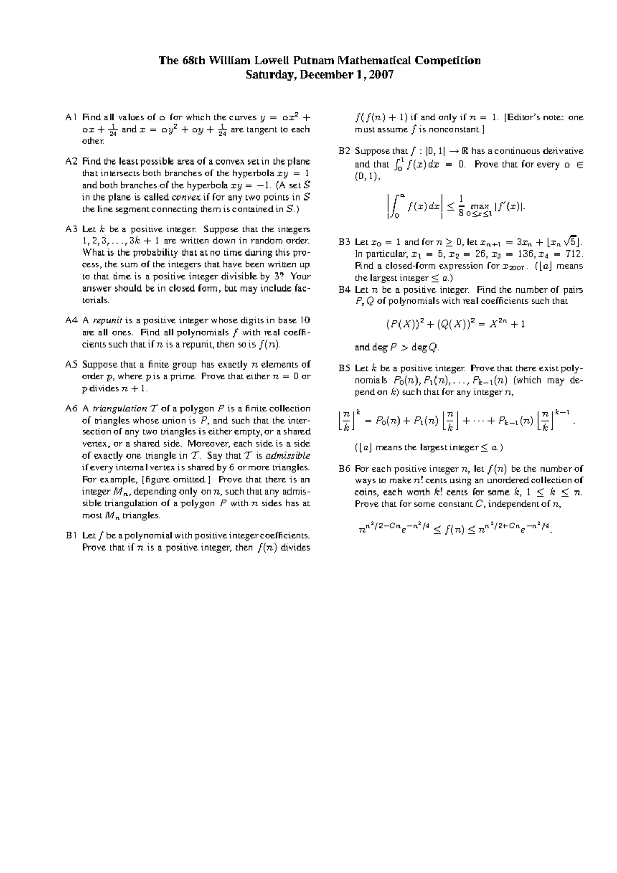 2007 Putnam Competition Bonus Problems Solutions and Insights - Studocu