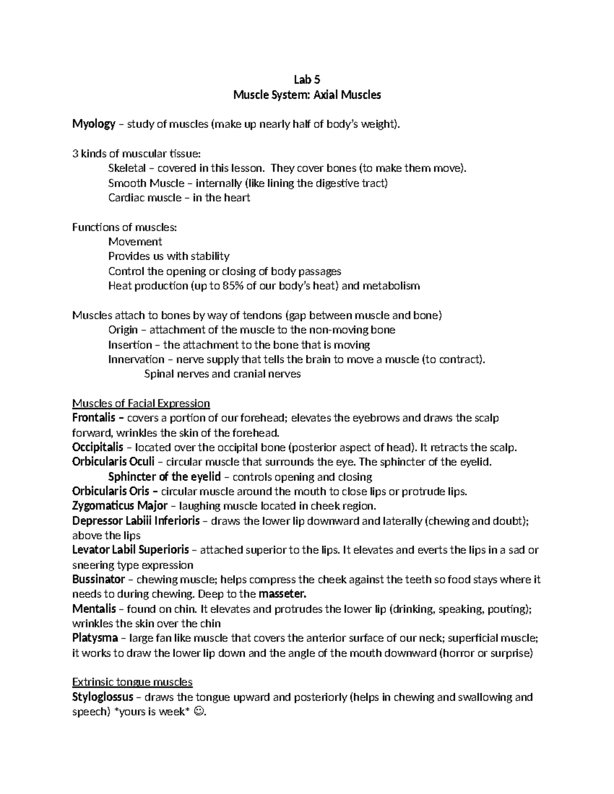 Lab 5 - Axial Muscle System Overview and Functions - Studocu