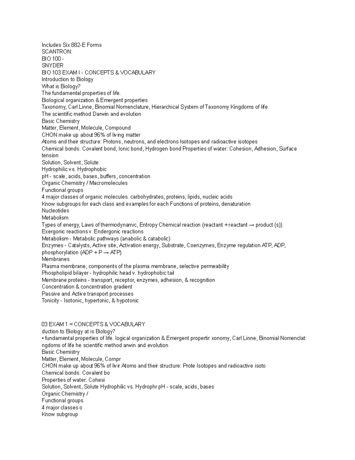 BIO 103 Exam I - Key Concepts and Vocabulary Overview - Studocu
