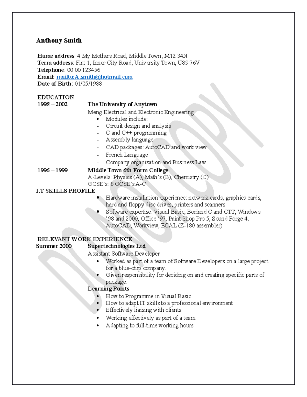Anthony Smith - CV and Personal Profile - Studocu