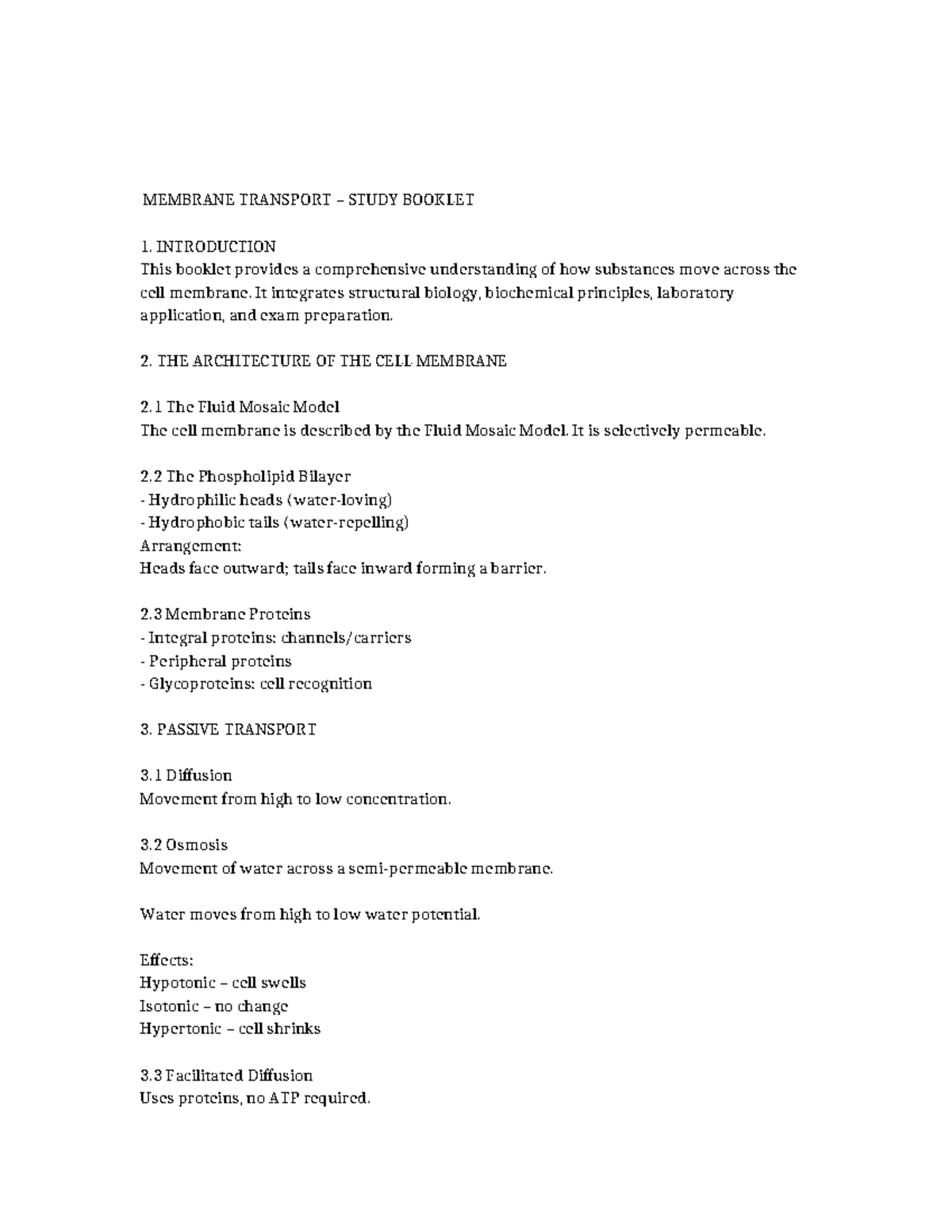 Cell Membrane Transport Study Booklet: Comprehensive Guide - Studocu