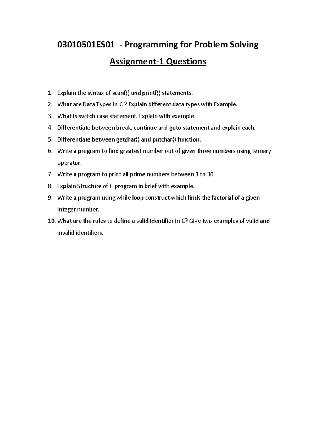 03010501ES01 Programming for Problem Solving Assignment 1 Solutions - Studocu