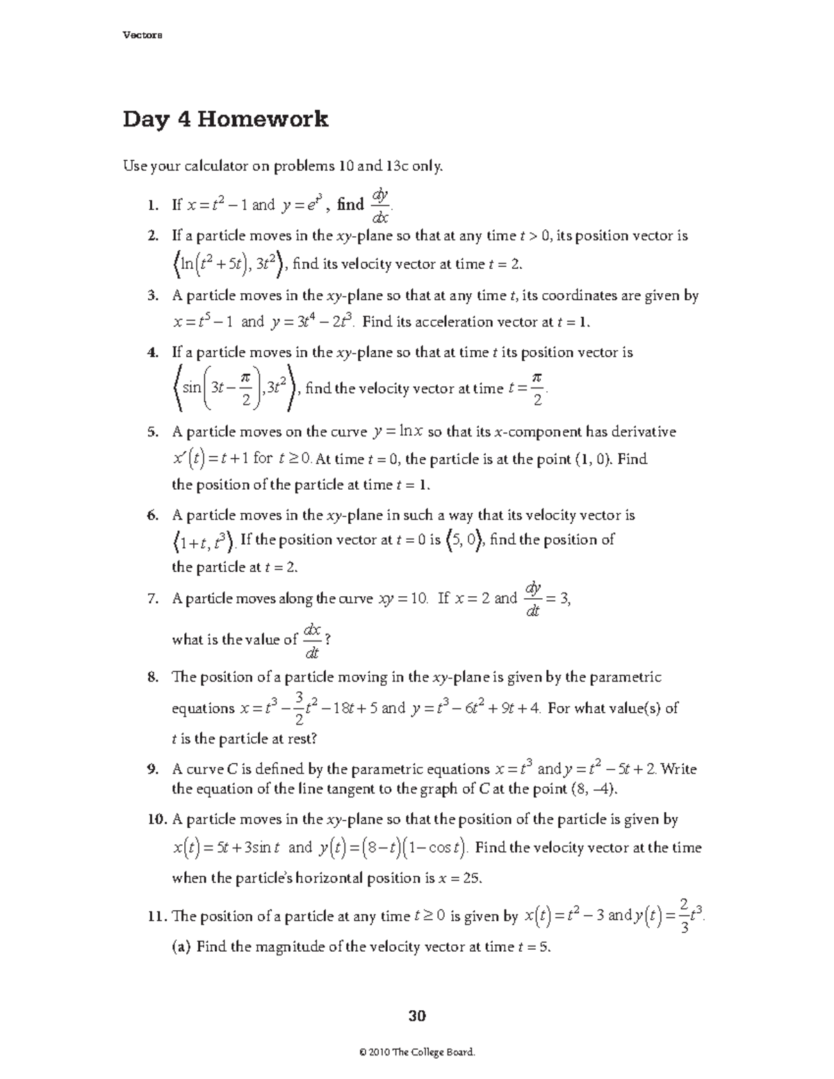 Parametric HW Module Day 4: Vectors & Particle Motion - Studocu
