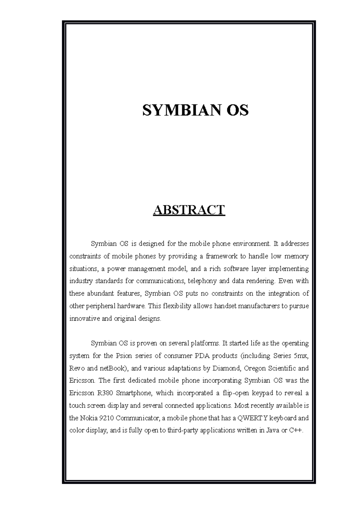 Symbian OS Overview: Key Features and Architecture Analysis - Studocu