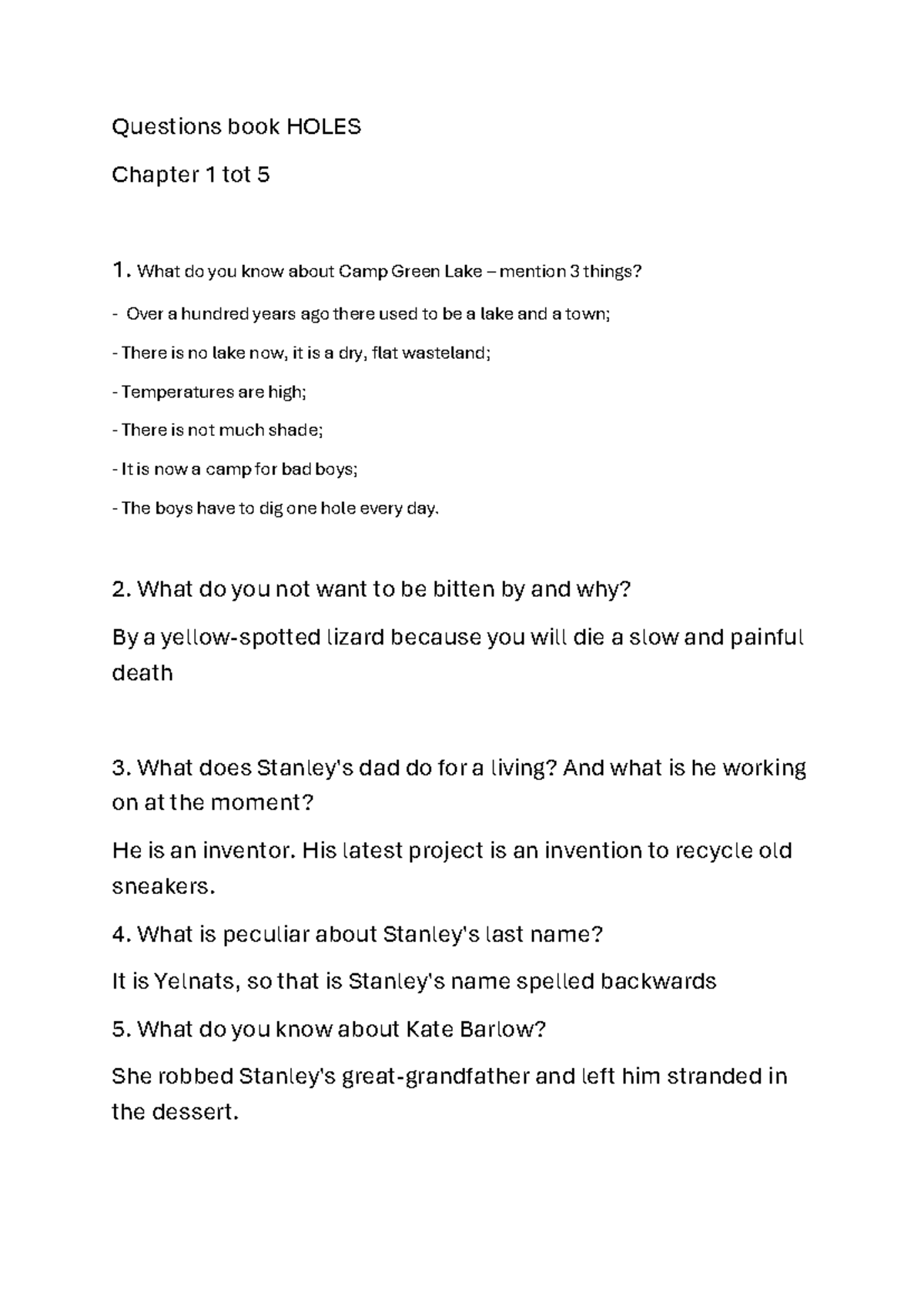 Holes Chapter 1-5 Questions and Answers - Studeersnel