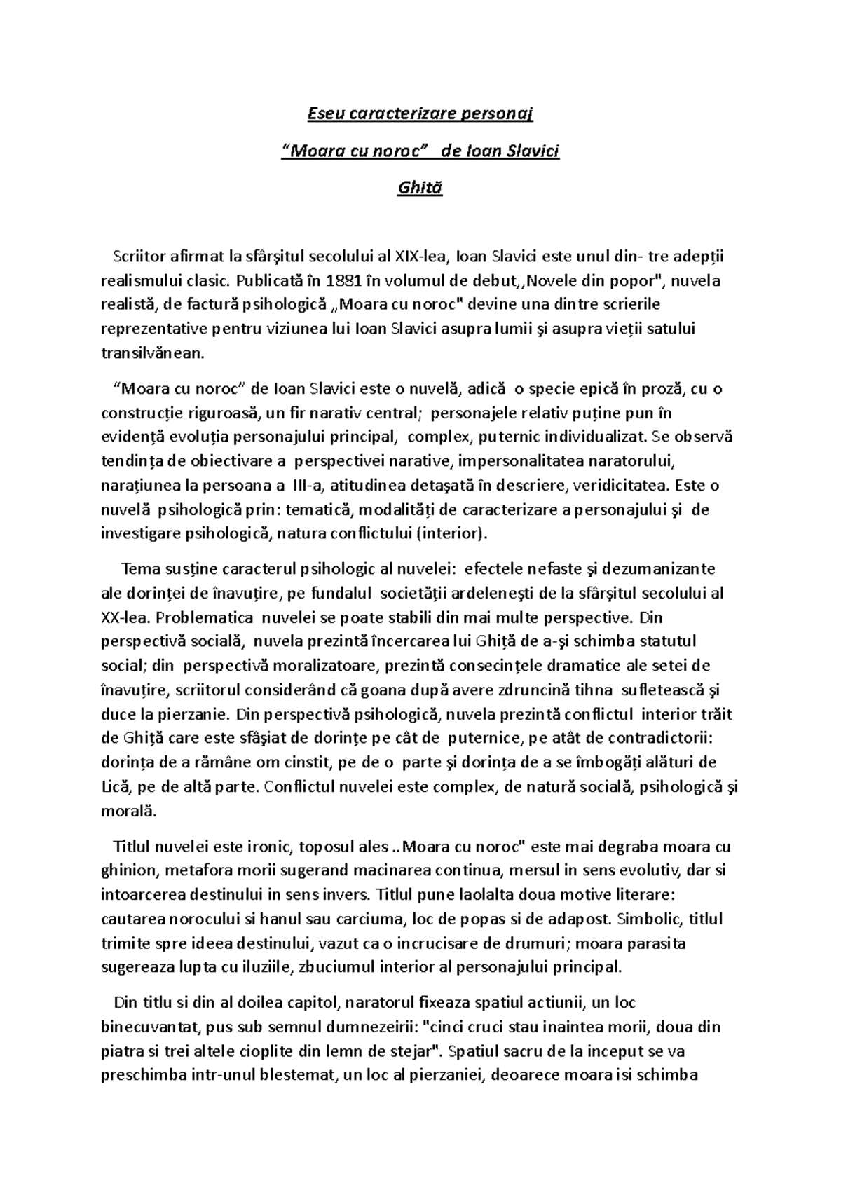 Eseu caracterizare personaj Ghiță în "Moara cu noroc" - Analiză - Studocu