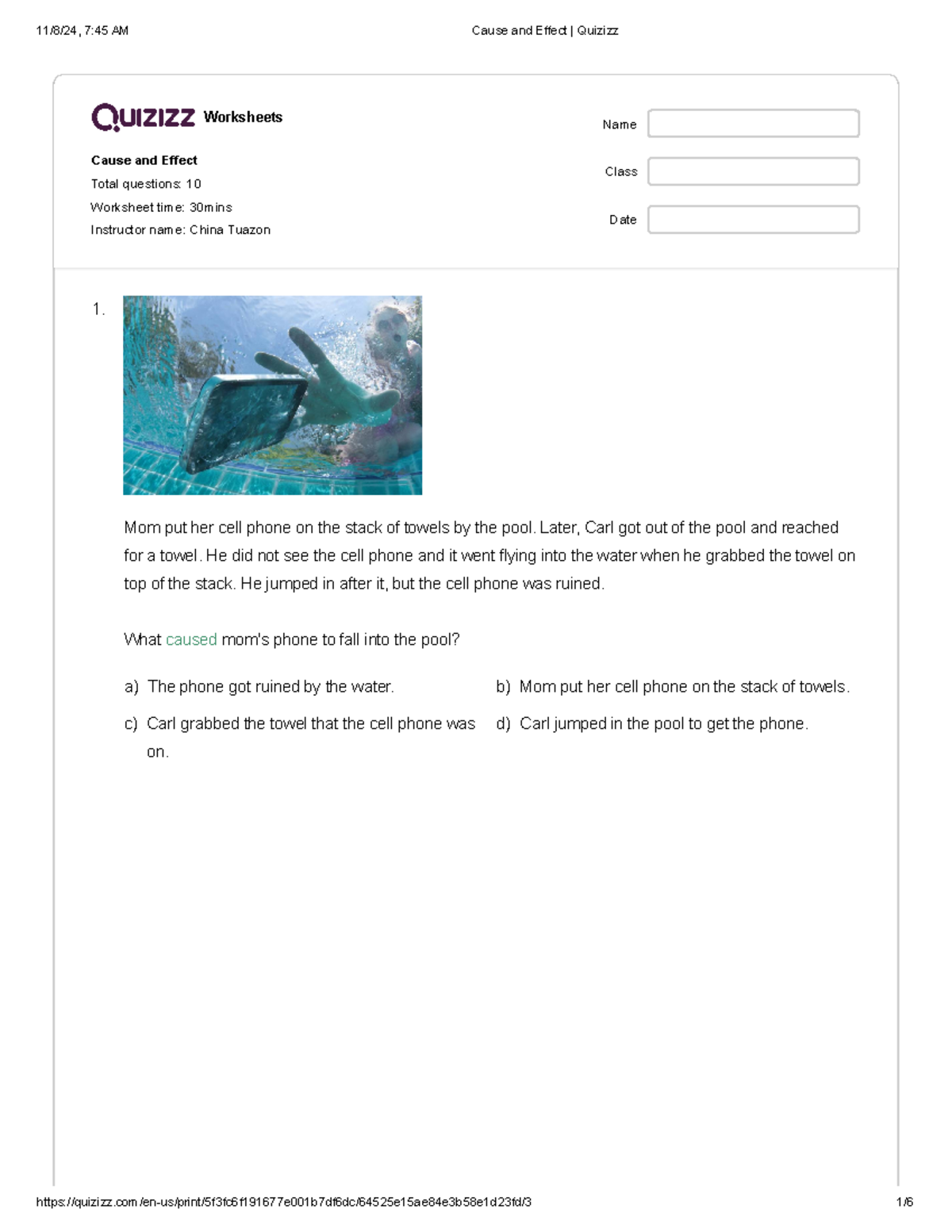 Quizizz - Cause and Effect Worksheet with 10 Questions - Studocu