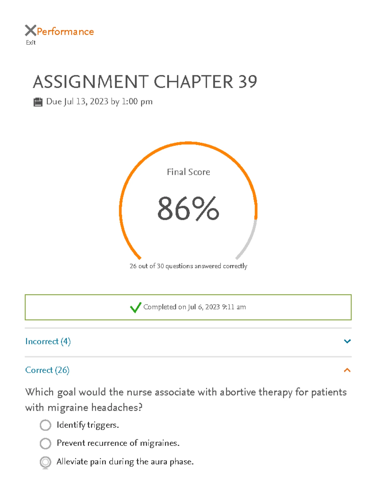 Elsevier Adaptive Quizzing Quiz Performance Exit Performance Chapter 50 Quiz Due May 18
