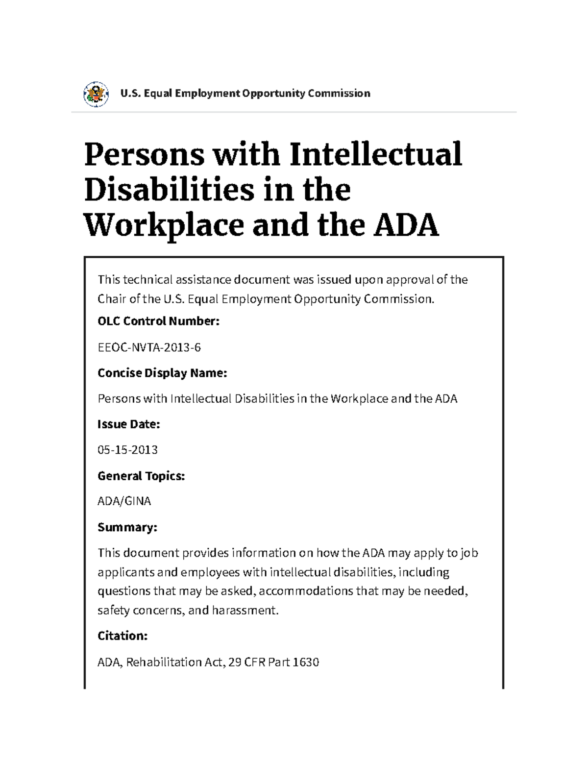 Persons with Intellectual Disabilities in the Workplace and the ADA U.S ...