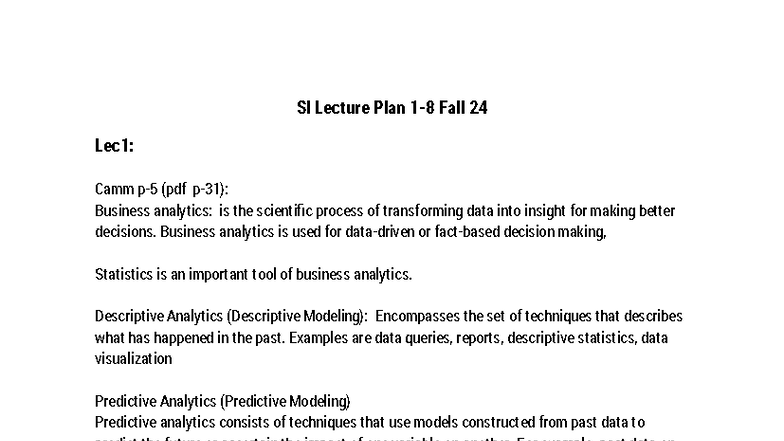 SI Lecture Plan 1-8: Business Analytics & Statistical Methods - Studocu