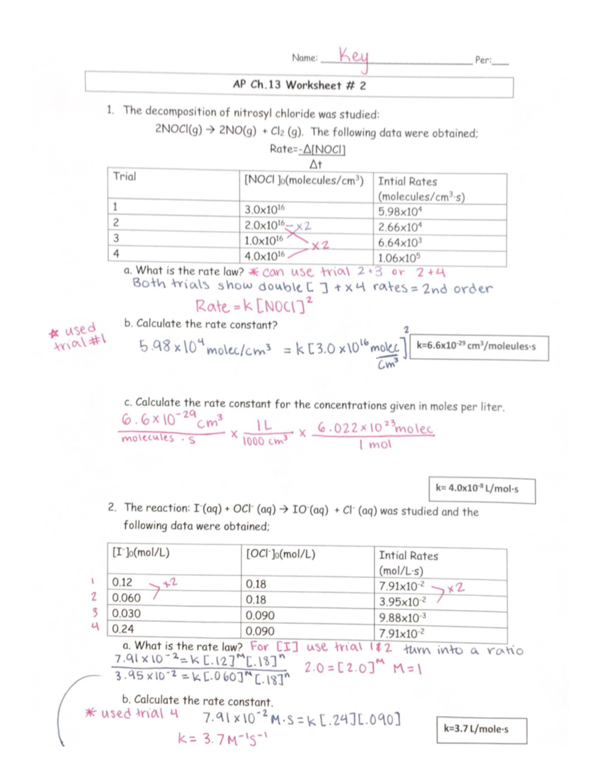 Ch.13 Wksht #2 - Key Answers for Rate Laws & Constants - Studocu