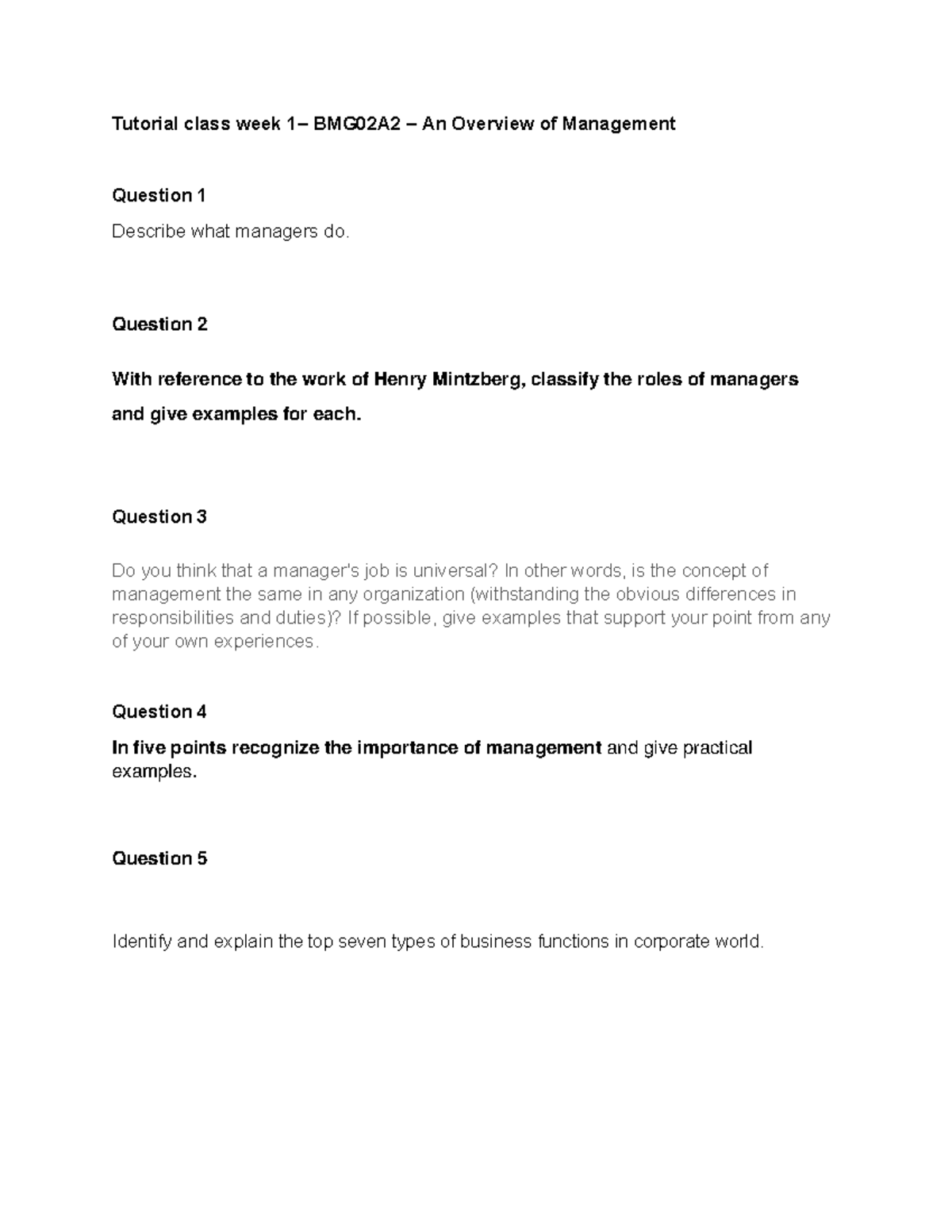 Tutorial class week 1 chapter 1 An overview of management - Tutorial ...