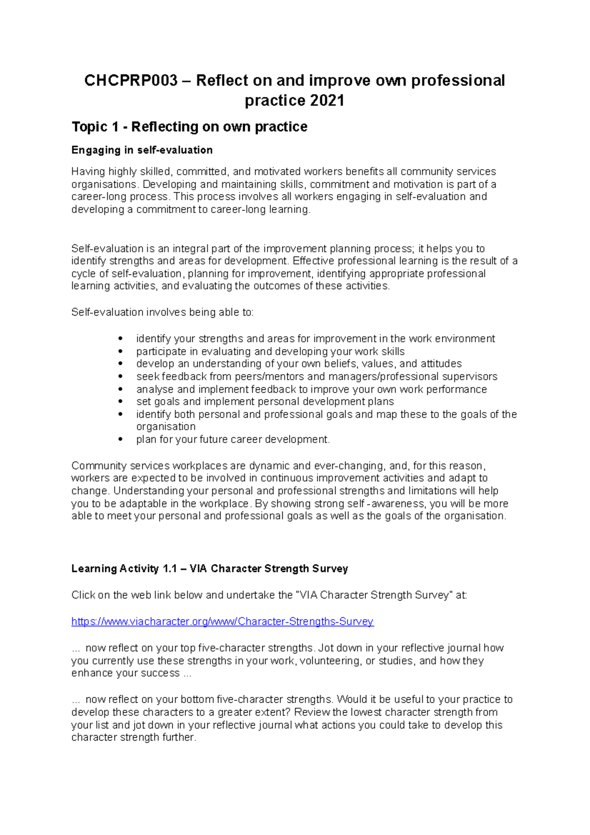 CHCPRP003 - Topic 1: Enhancing Professional Reflective Practice - Studocu