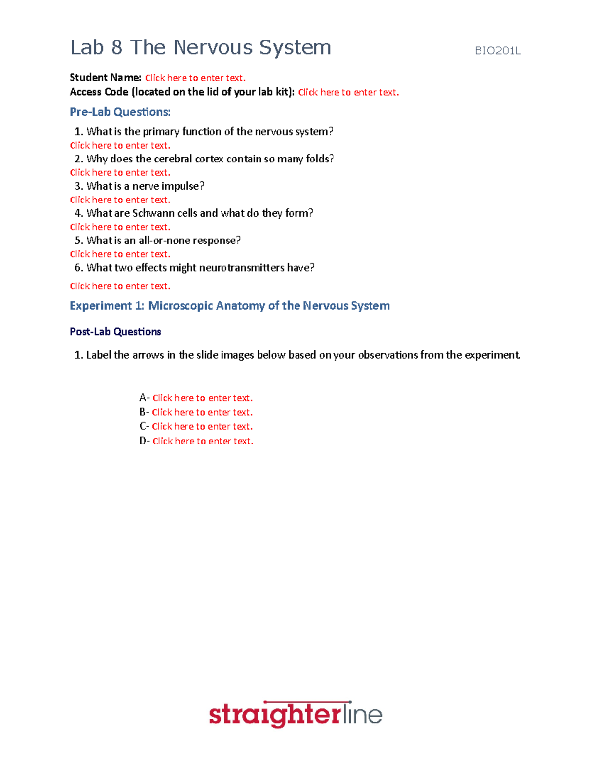 BIO201L Lab 8: Nervous System Explorations and Post-Lab Questions - Studocu