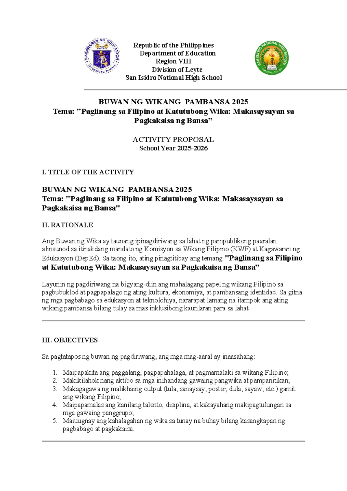 Buwan ng Wika 2025 Activity Proposal: Filipino at Katutubong Wika - Studocu