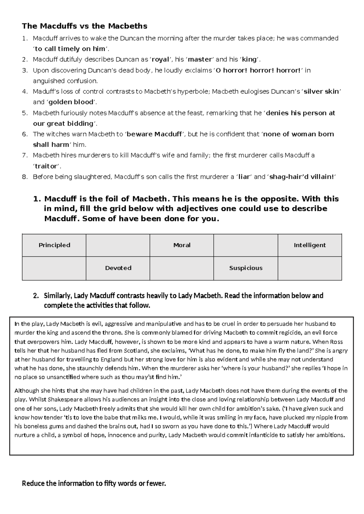 Macbeth Character Study: Macduff vs. Lady Macduff Worksheet - Studocu