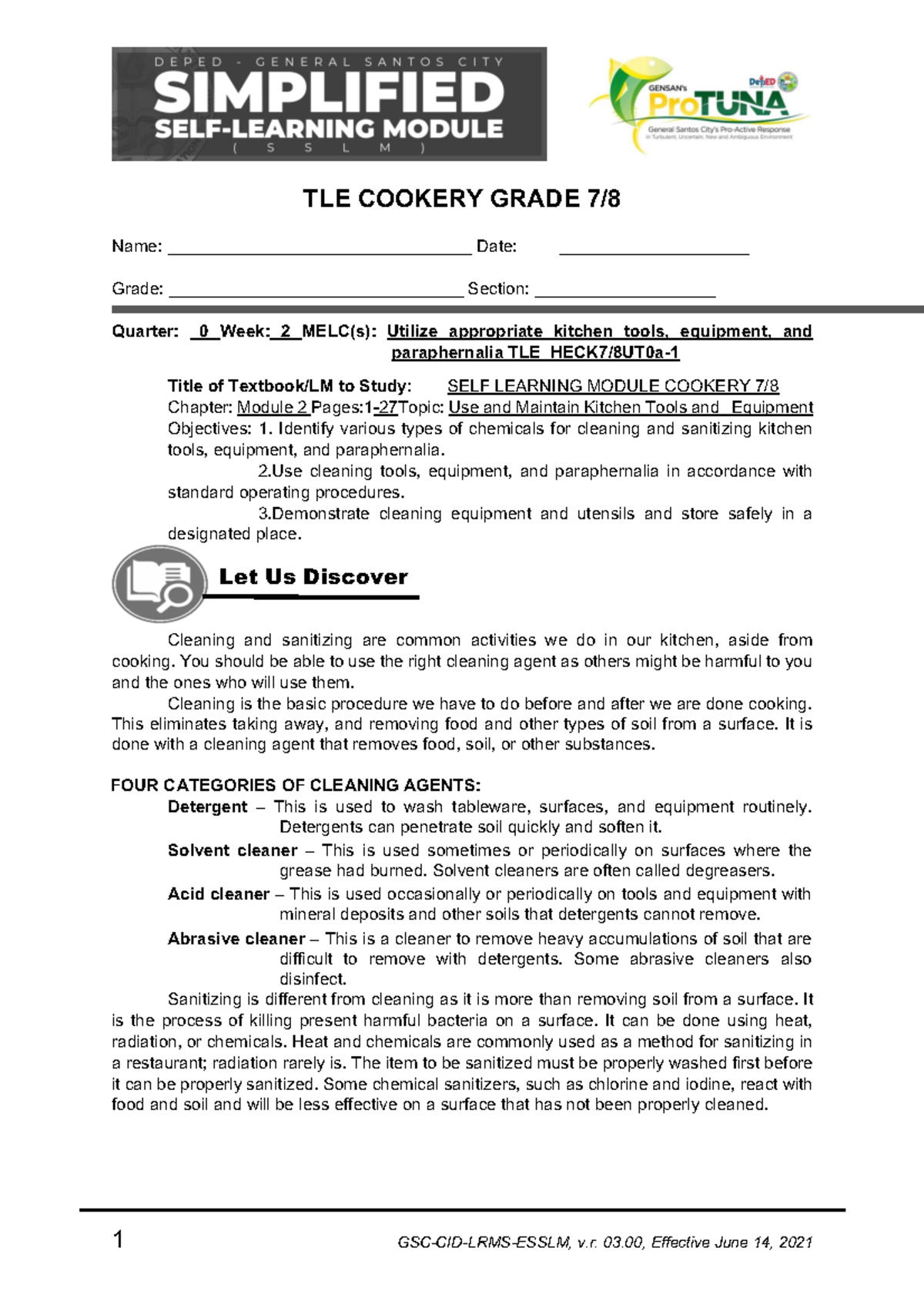 SSLM-TLE-Cookery 7-8-Worksheet Q0-W2: Kitchen Tools & Equipment - Studocu