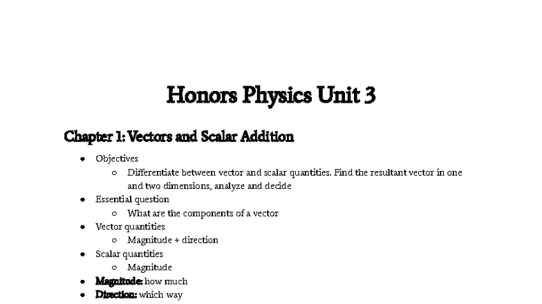 Unit 3 - Honors Physics: Vectors & Scalar Addition Overview - Studocu