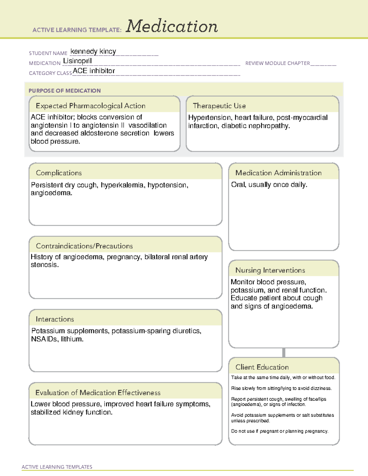 ACTIVE LEARNING TEMPLATE: Lisinopril Review Module (ACE Inhibitor ...