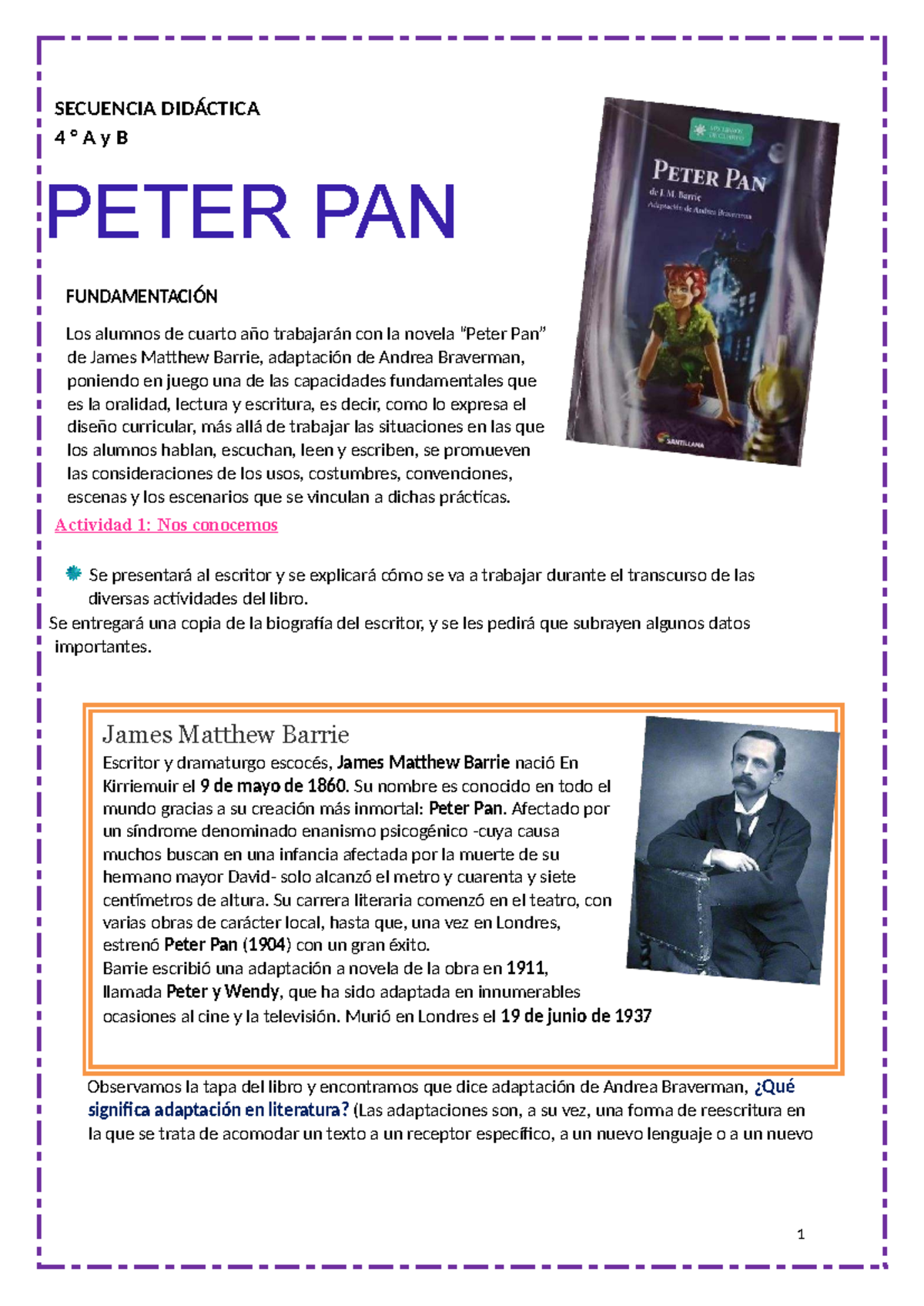 Secuencia Didáctica: Peter Pan - Actividades y Análisis Literario - Studocu