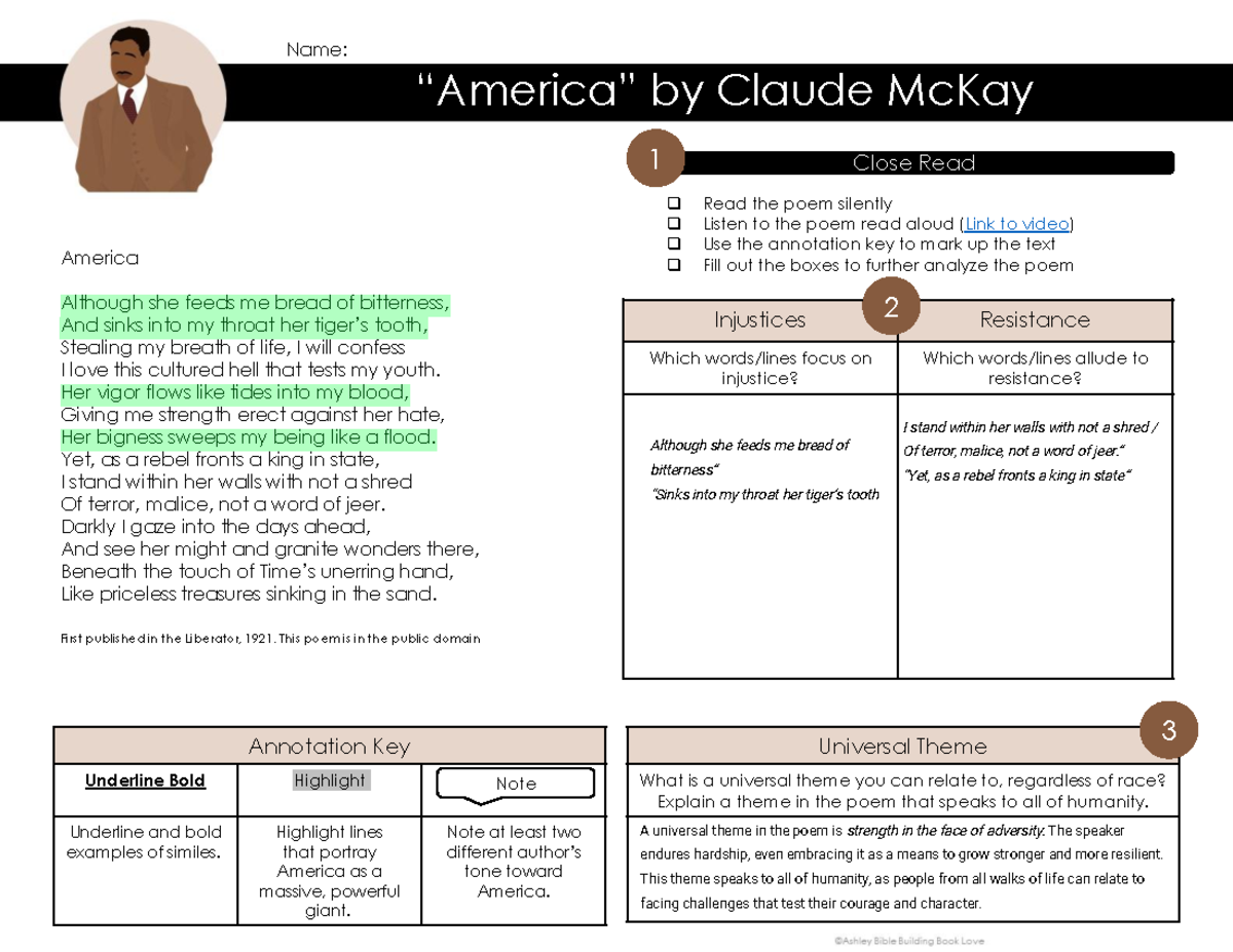 Kami Export - America Claude Mc Kay and Questions - Close Read Name ...