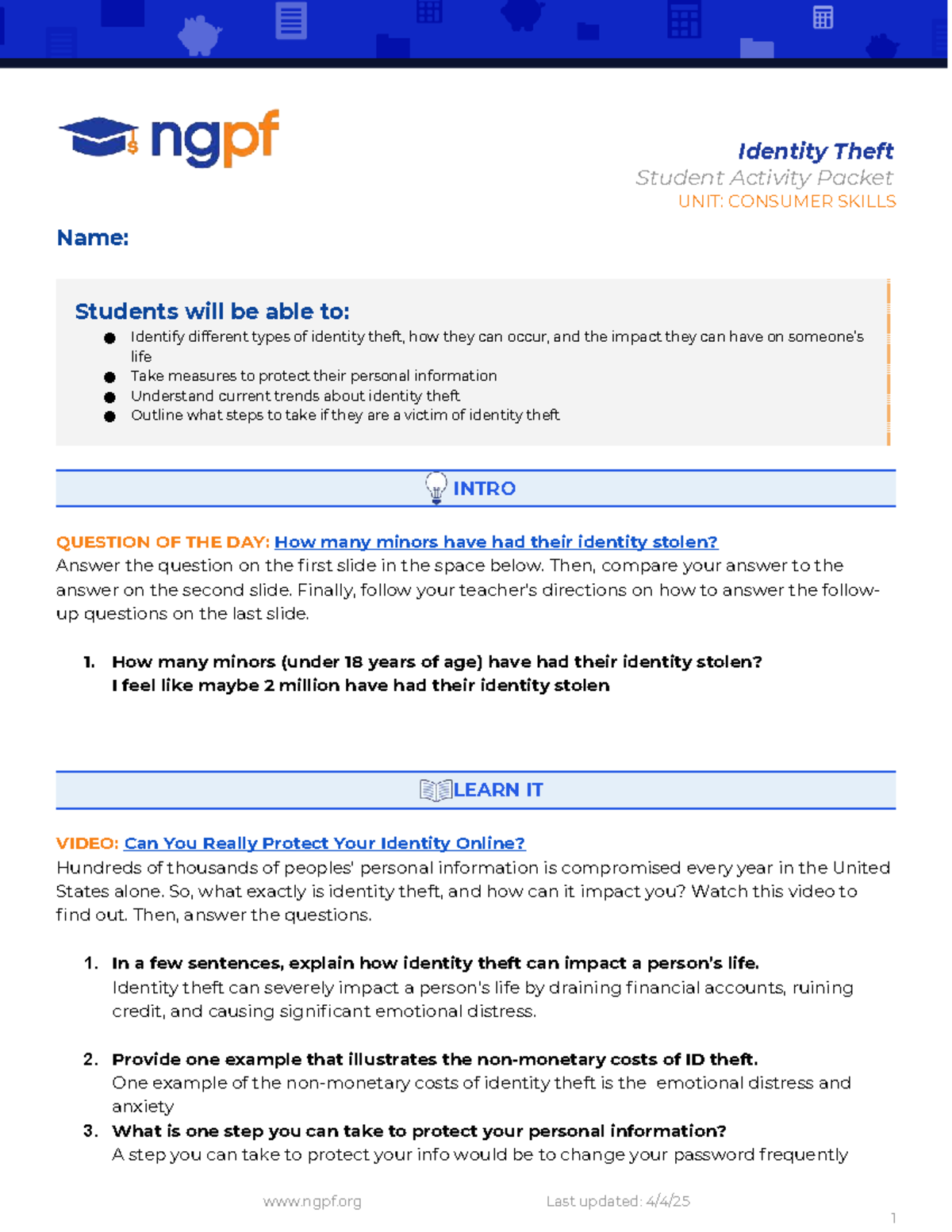 Identity Theft Student Activity Packet: Consumer Skills Unit - Studocu