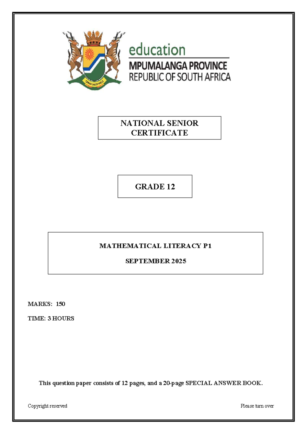 MLIT P1 September 2025 Question Paper - Grade 12 Mathematical Literacy ...