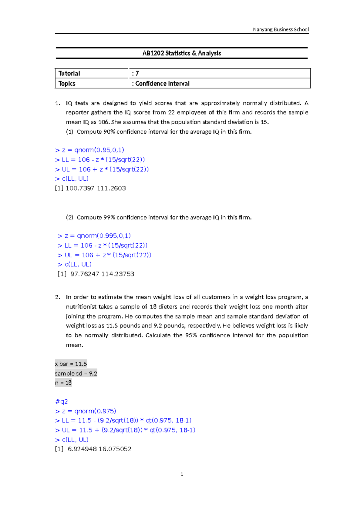 AB1202 Statistics Analysis: Week 7 Lecture Notes on Confidence ...
