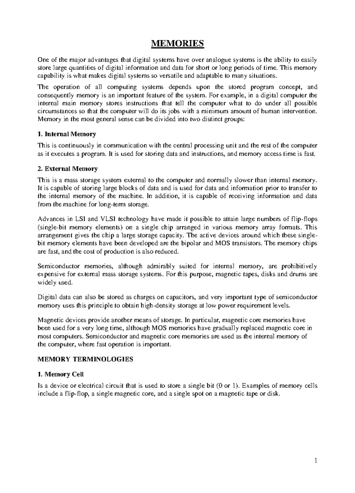 MEMORY SYSTEMS: Internal & External Types Explained (CS101) - Studocu
