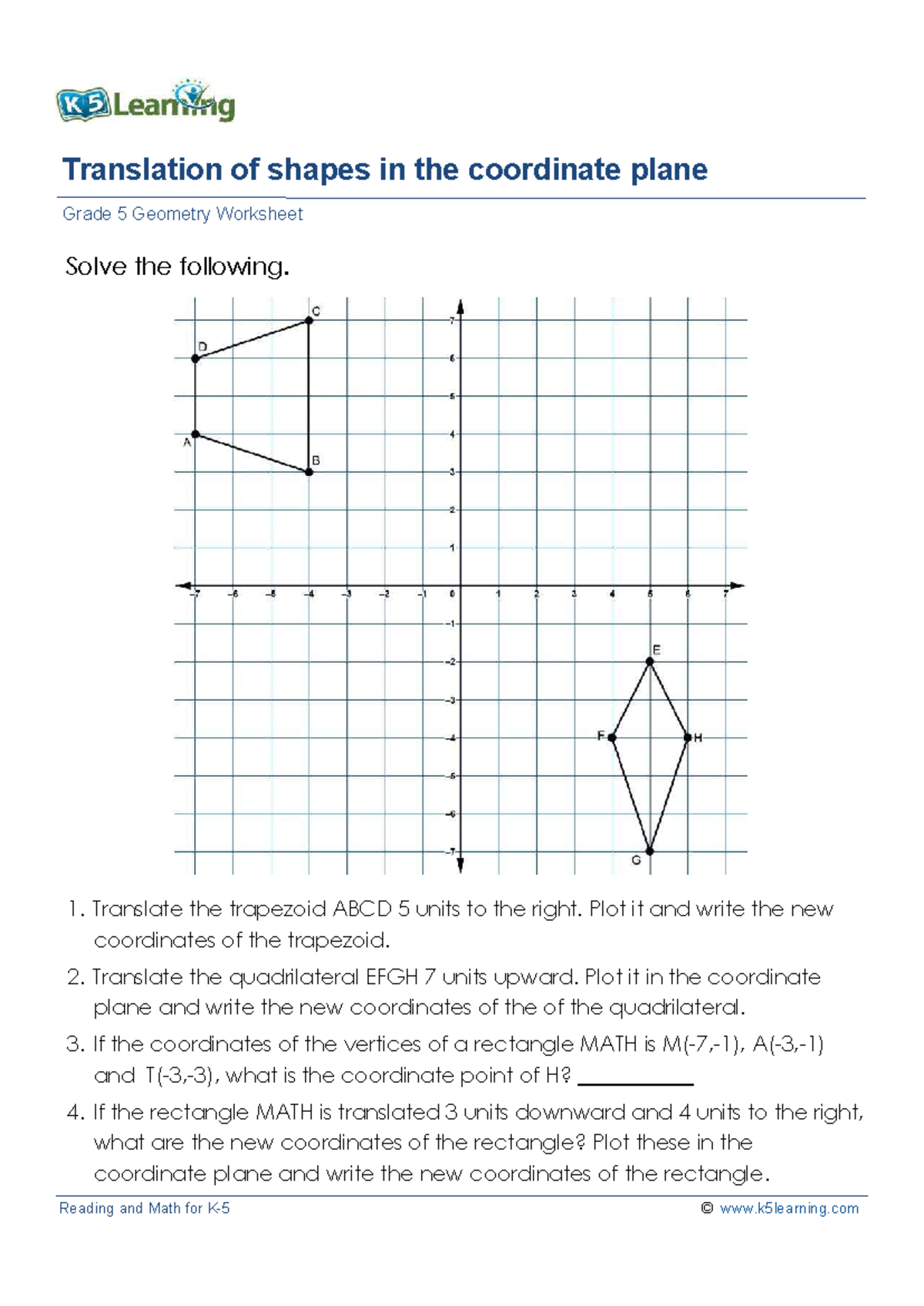 Grade 5 Geometry: Translation of Shapes Worksheet - Studocu
