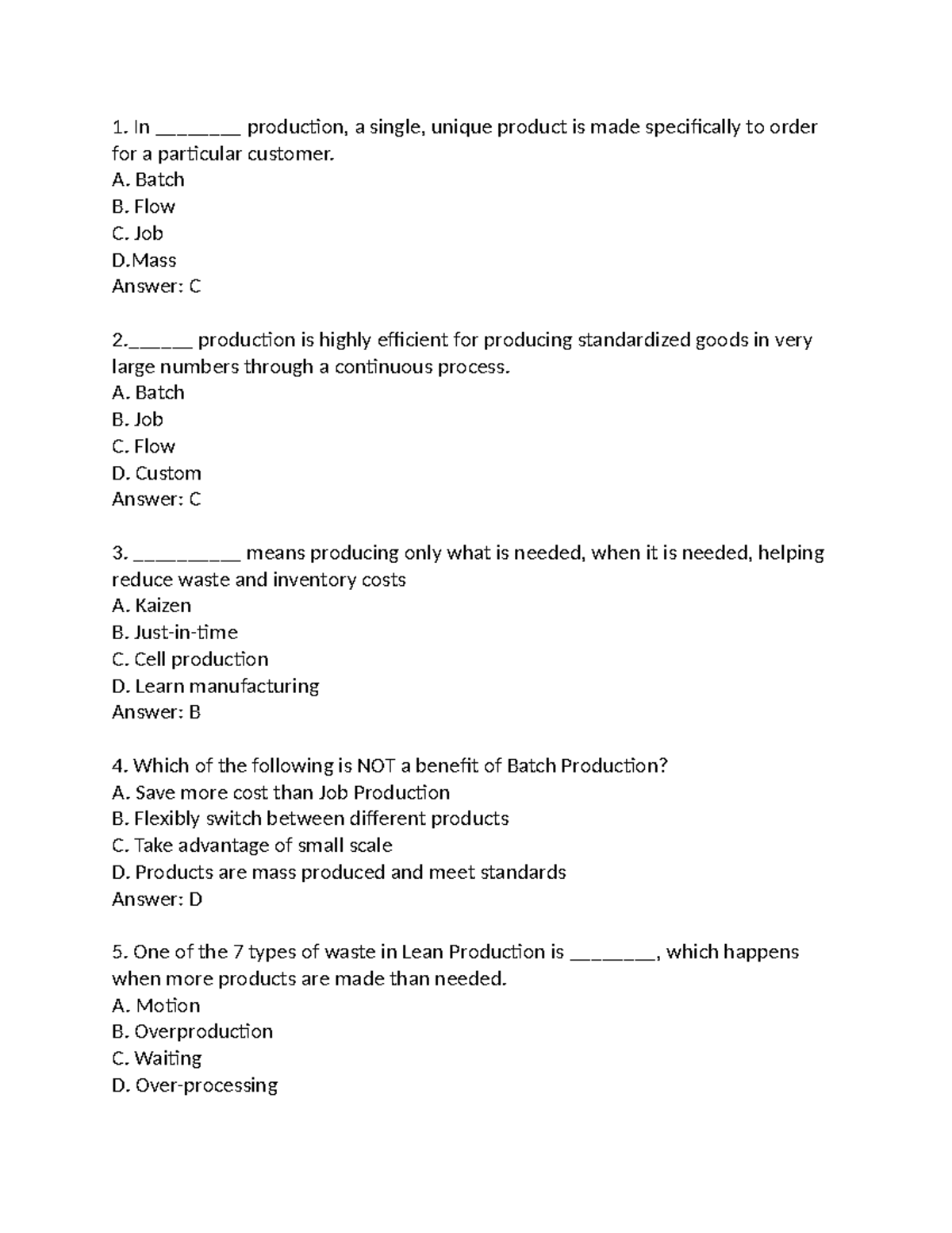 Unit 7 - Production Methods & Lean Principles Quiz - Studocu