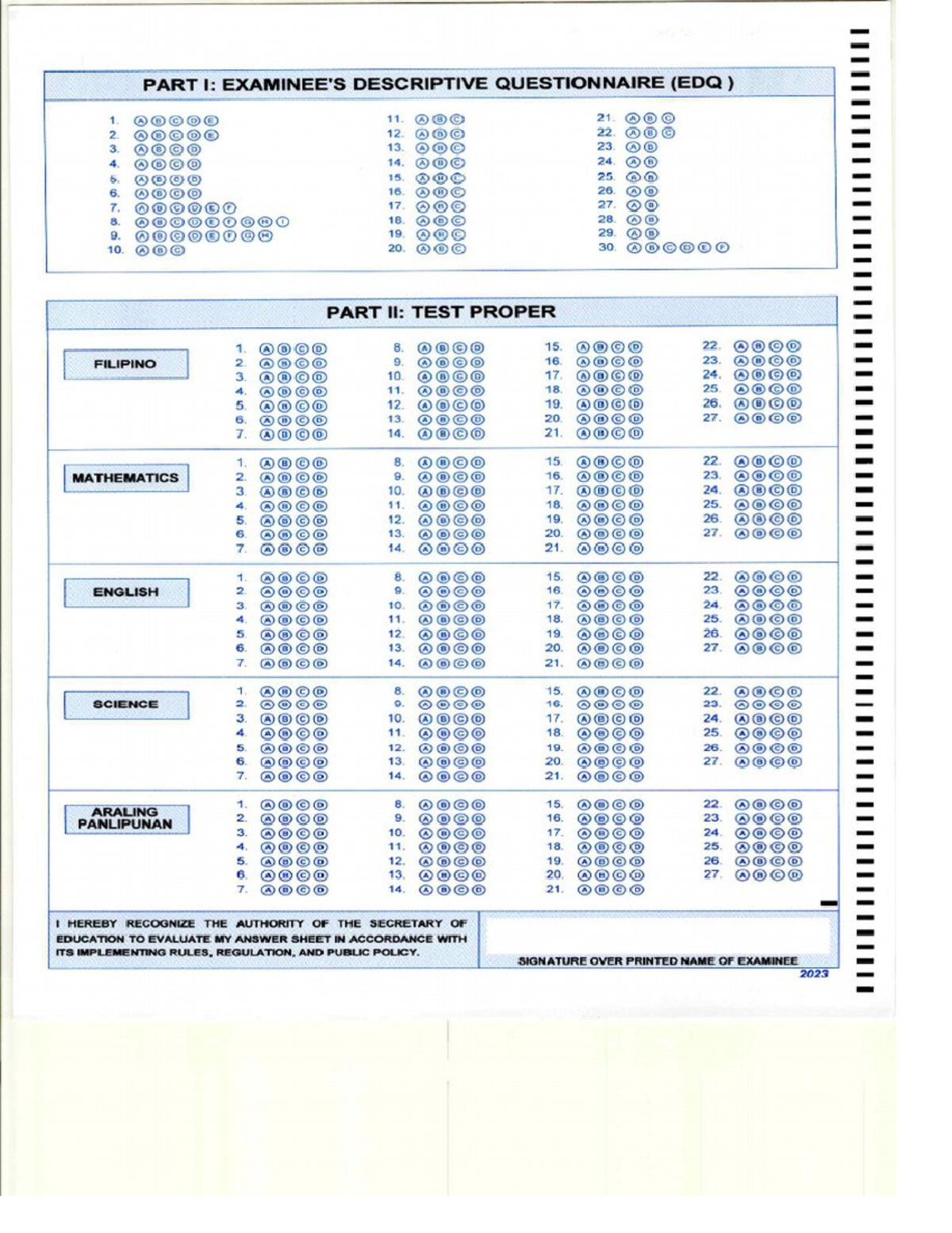 EDQ Answer Sheet - Final Exam Materials for Various Subjects - Studocu