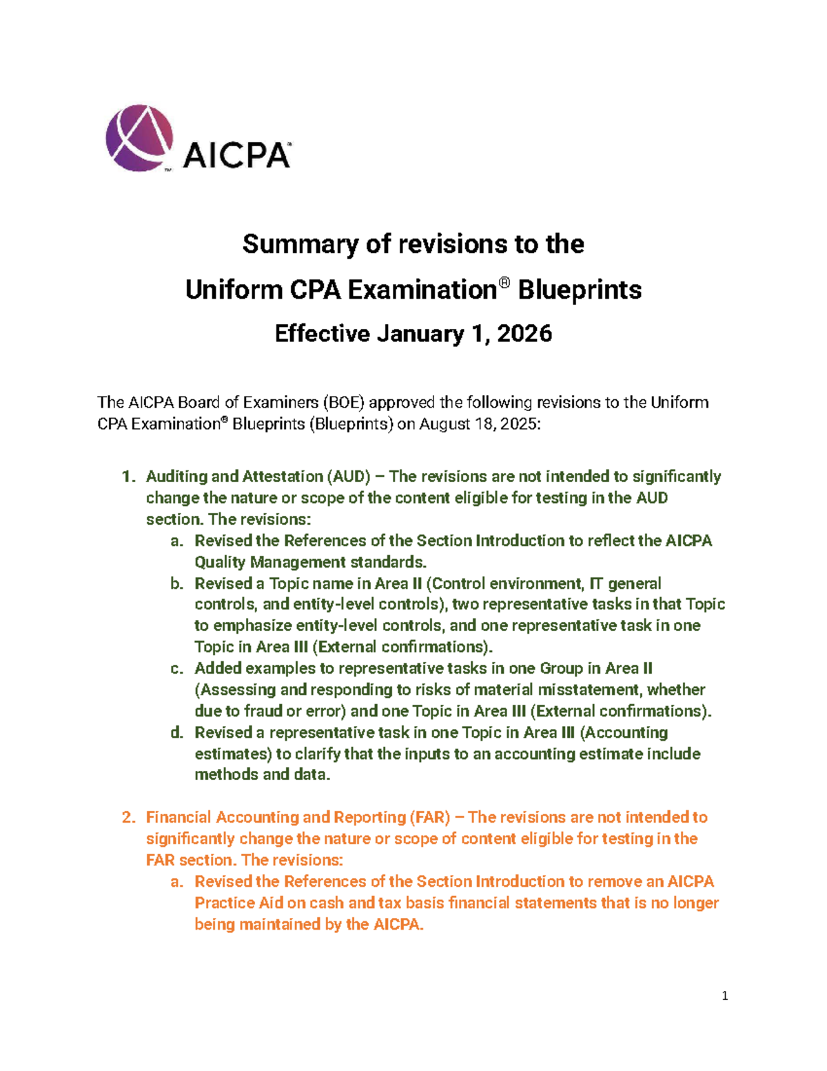 Summary of Changes to CPA Exam Blueprints (Effective 01/01/2026) - Studocu
