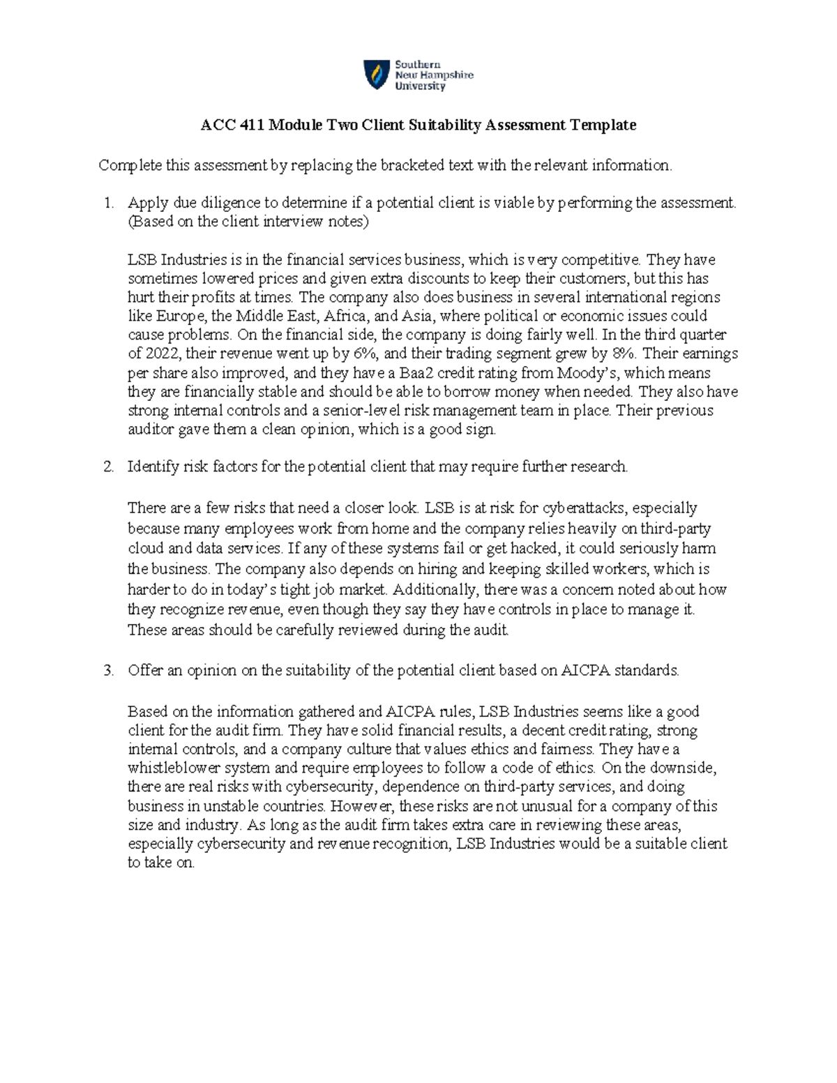 ACC 411 Client Suitability Assessment for LSB Industries - Studocu