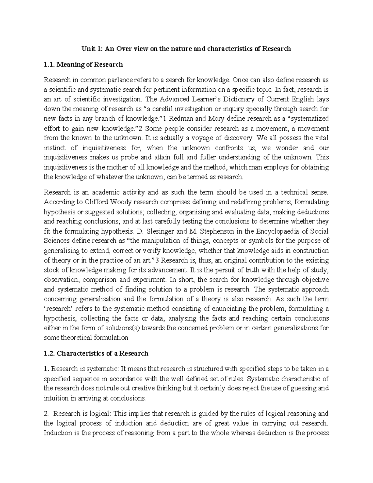 Unit 1: Overview of Research Nature & Characteristics - Studocu