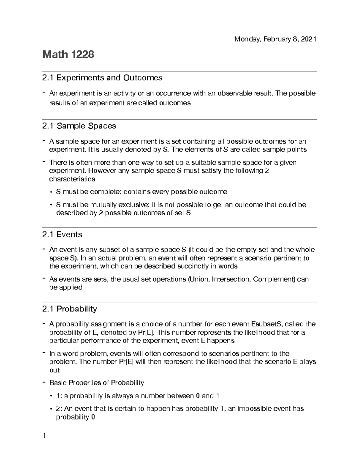 Math 1228 Unit 2: Probability Concepts and Sample Spaces Notes - Studocu