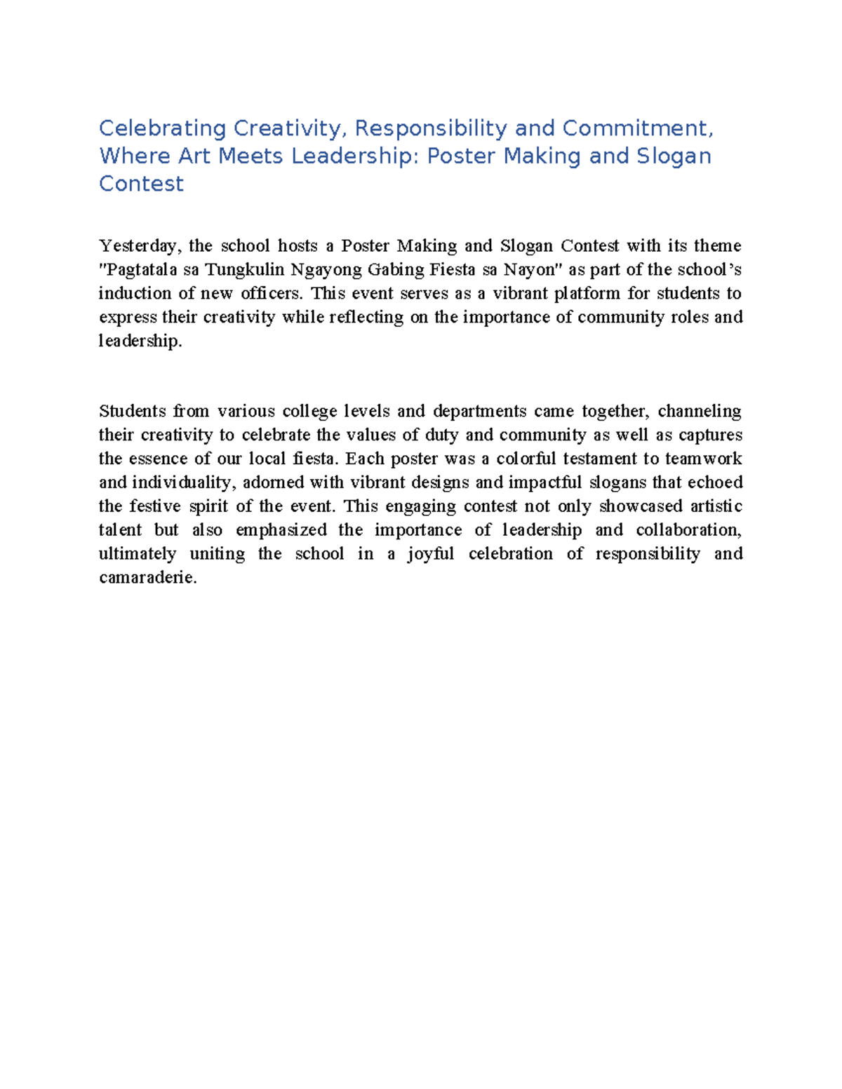 Poster Making and Slogan Contest: Celebrating Community and Leadership ...