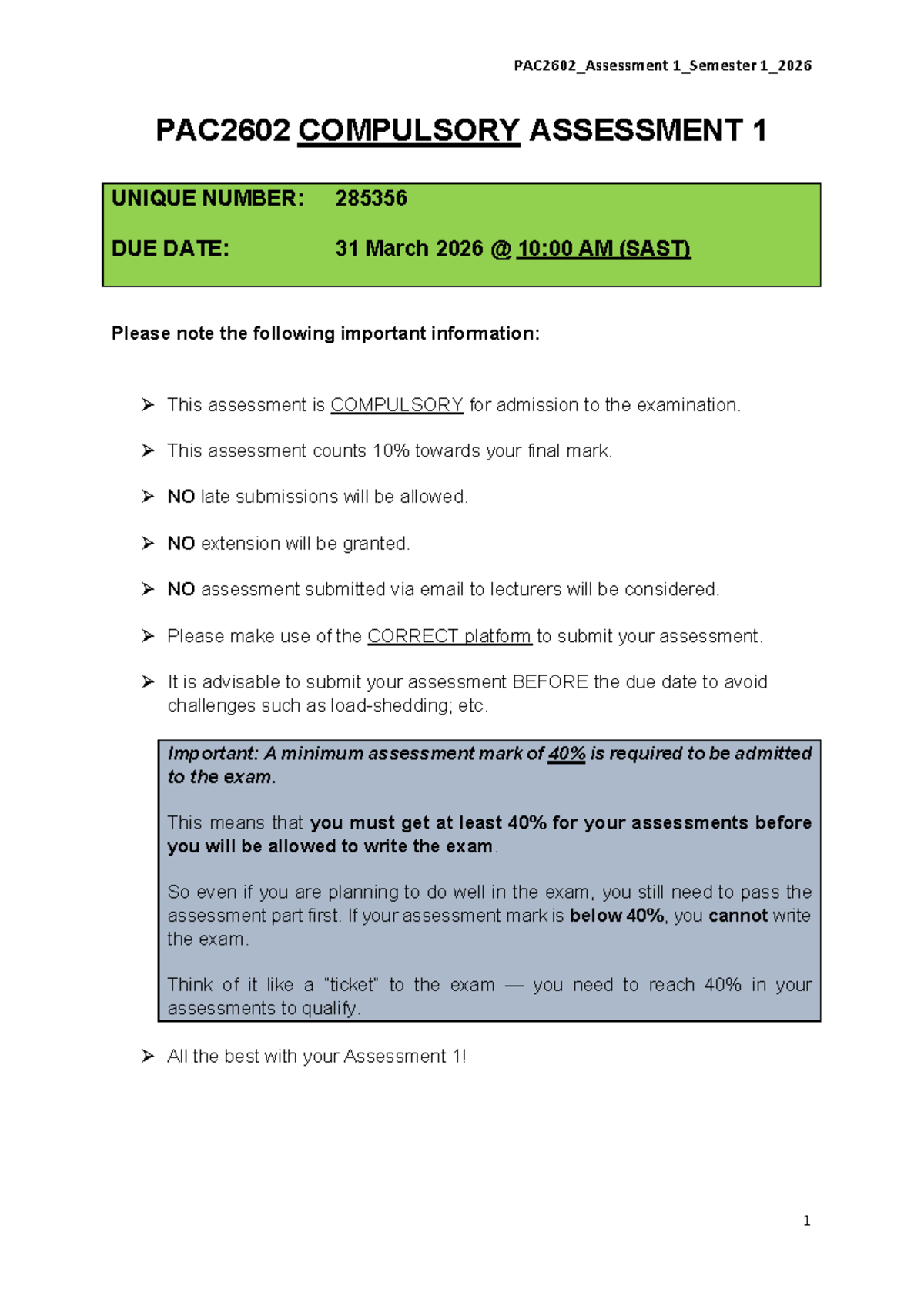 PAC2602 Assessment 1 Guidelines and Questions - Semester 1 2026 - Studocu