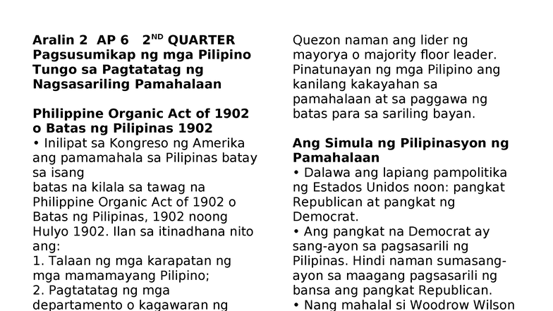 Aralin 2 AP 6 2ND Quarter: Pagsusumikap ng mga Pilipino sa Pamahalaan - Studocu