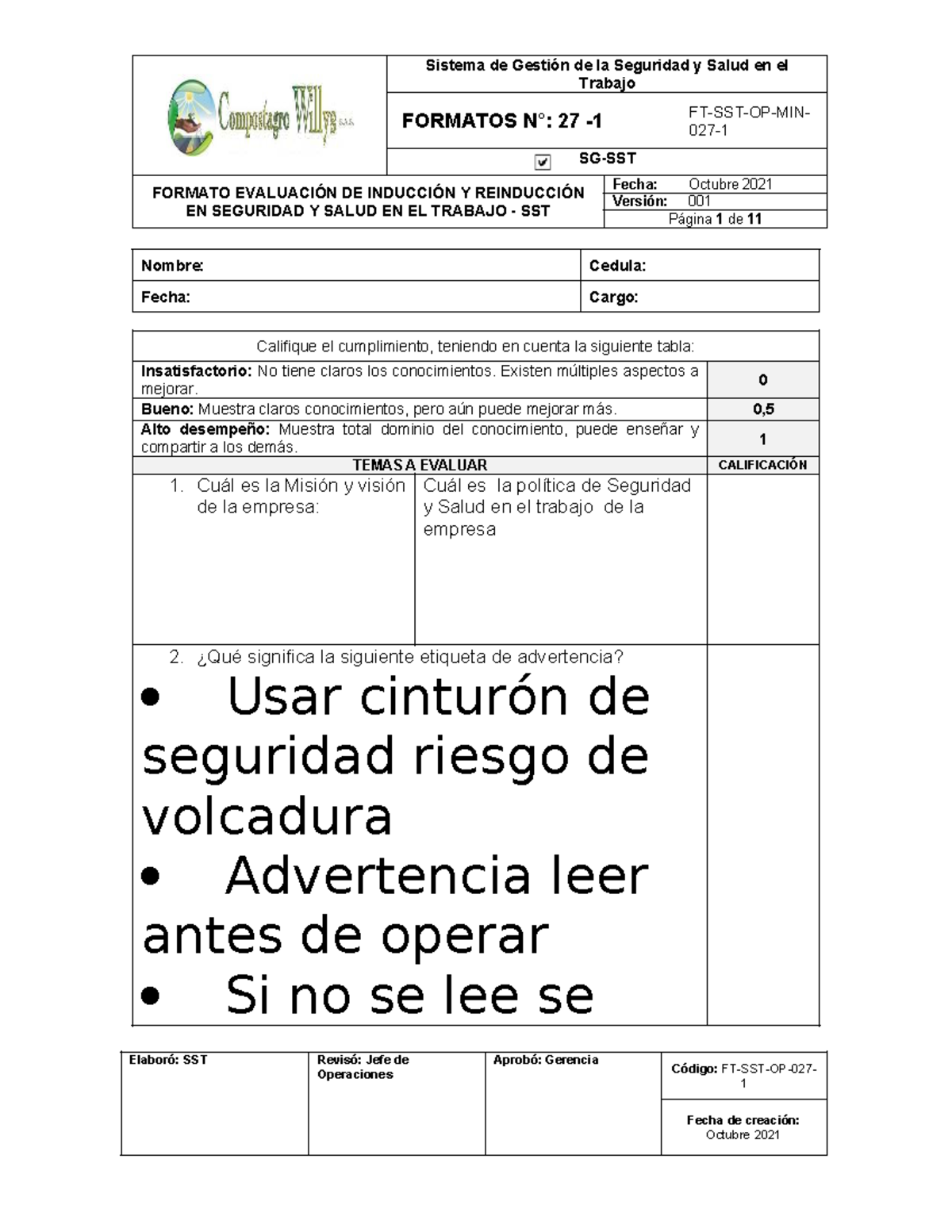 FT-SST-027-1 Formato Evaluación Inducción y Reinducción en SST - Studocu