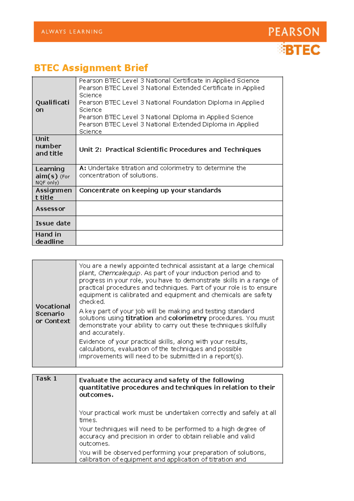 BTEC Level 3 Unit 2 Assignment Brief: Practical Procedures & Techniques - Studocu
