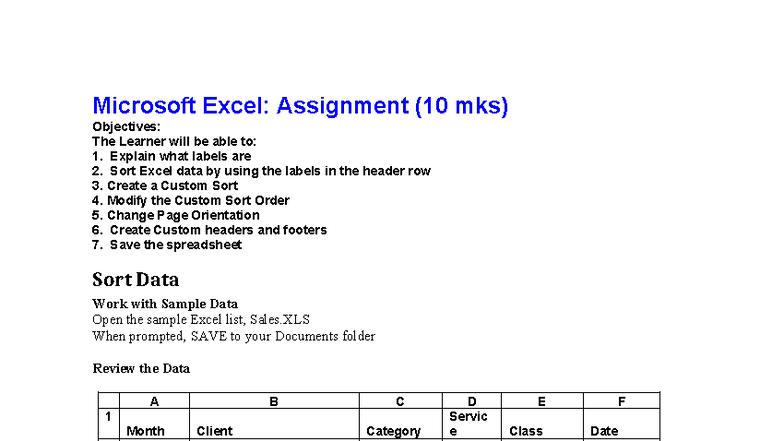 Exercise Ms Excel 2 - practical - Microsoft Excel: Assignment (10 mks ...