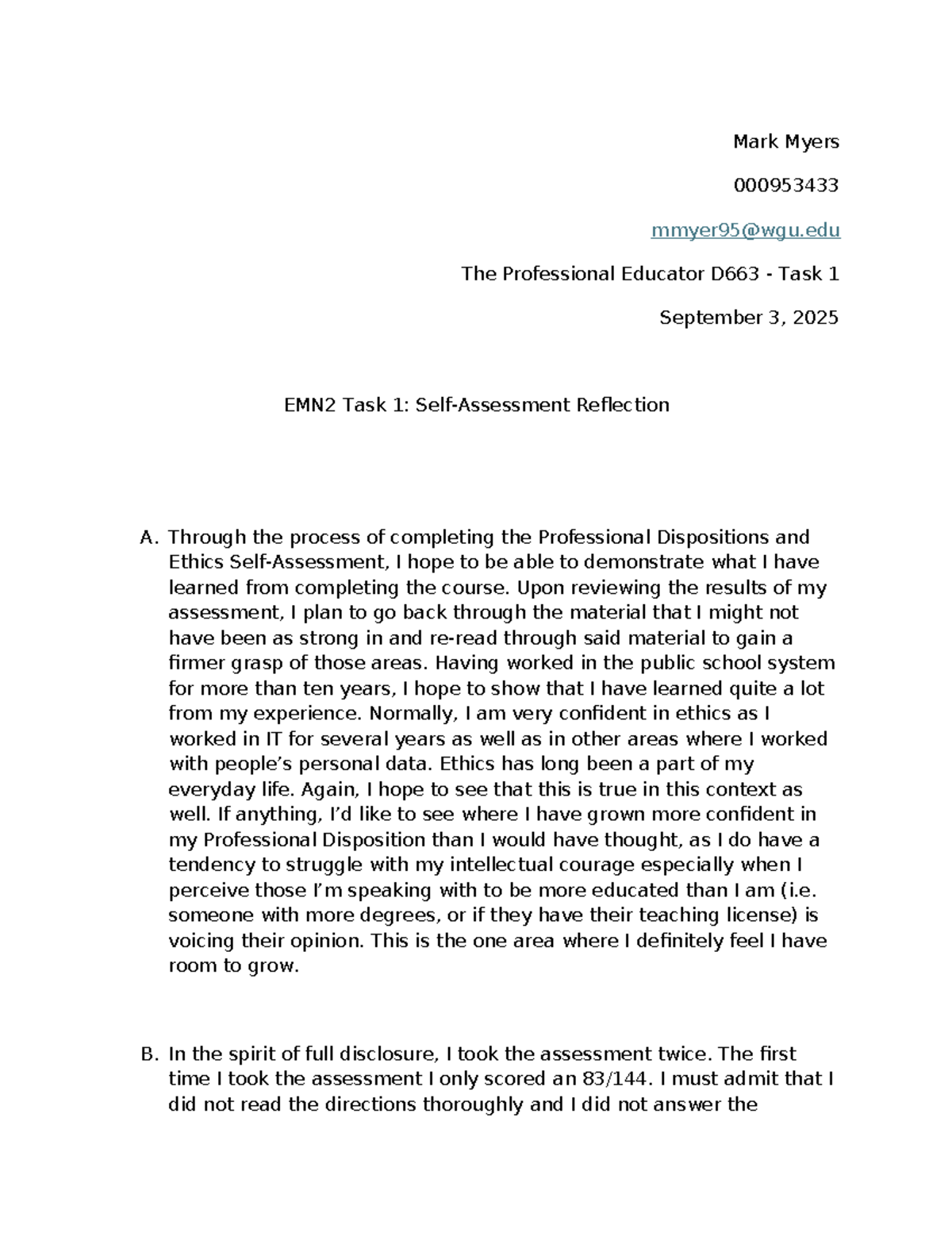 EMN2 D663 Task 1: Self-Assessment Reflection on Professional ...